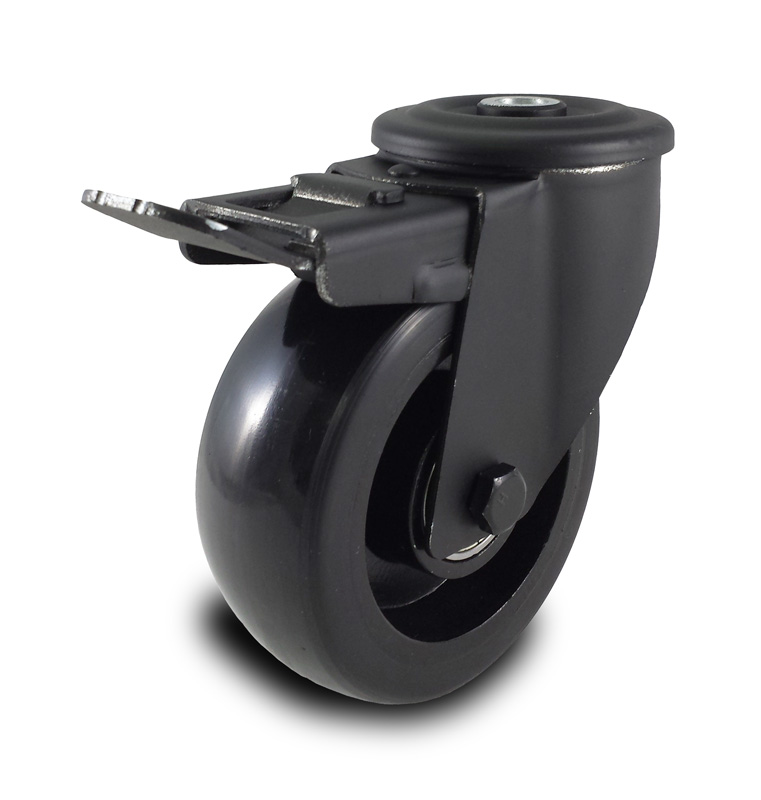 Black swivel castor w. Economy polyurethane wheel and brake | Swivel ...