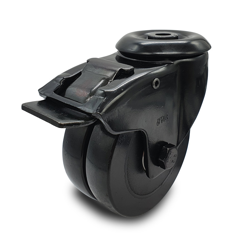 Black double swivel castor with polyurethane wheel and brake | Swivel ...