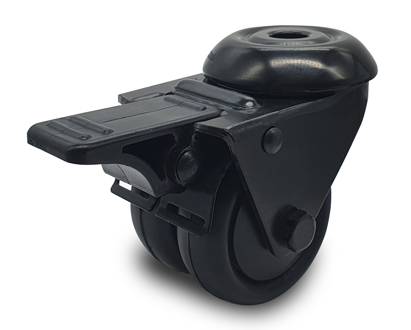 Black double swivel castor with polyurethane wheel and brake | Swivel ...